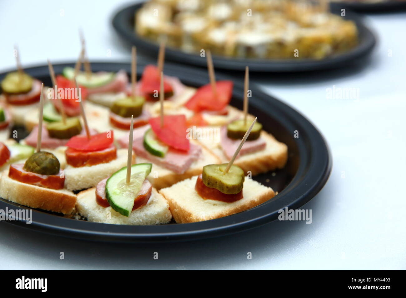 Popular and appetizing sandwiches for one bite pierced with a toothpick ...