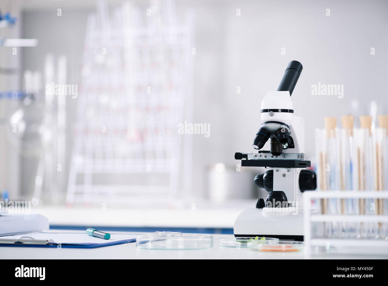 Scientific tools at workplace in modern biological laboratory Stock ...