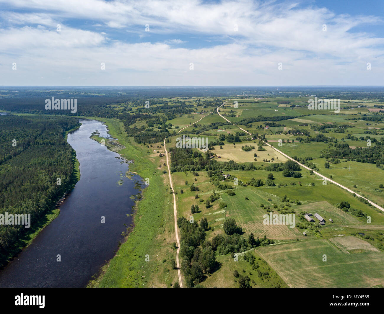 drone image. aerial view of Daugava river, largest in Latvia. warm ...