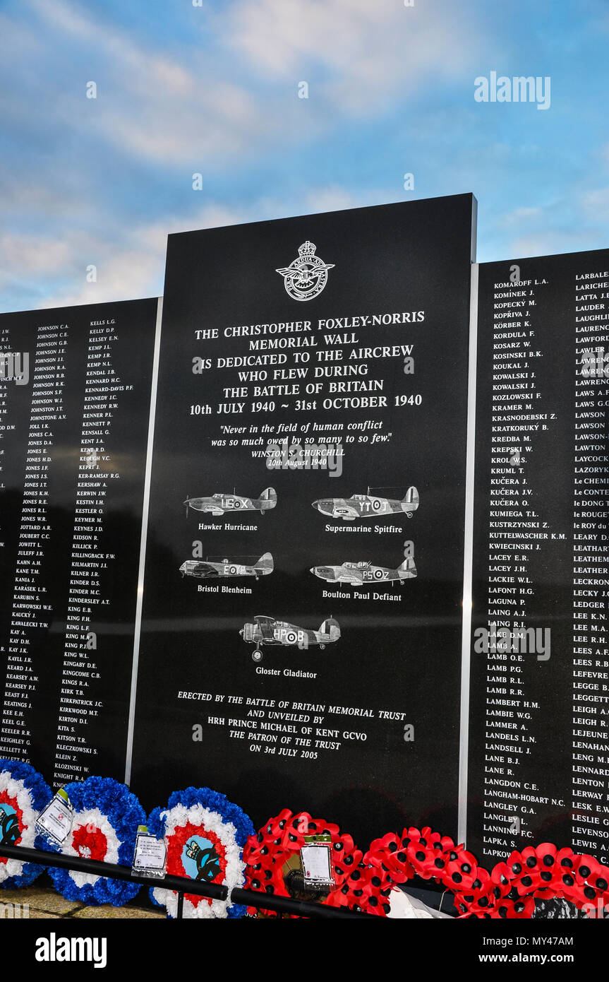 Battle of Britain Memorial Wall, Capel-le-Ferne, Kent, UK. Christopher ...