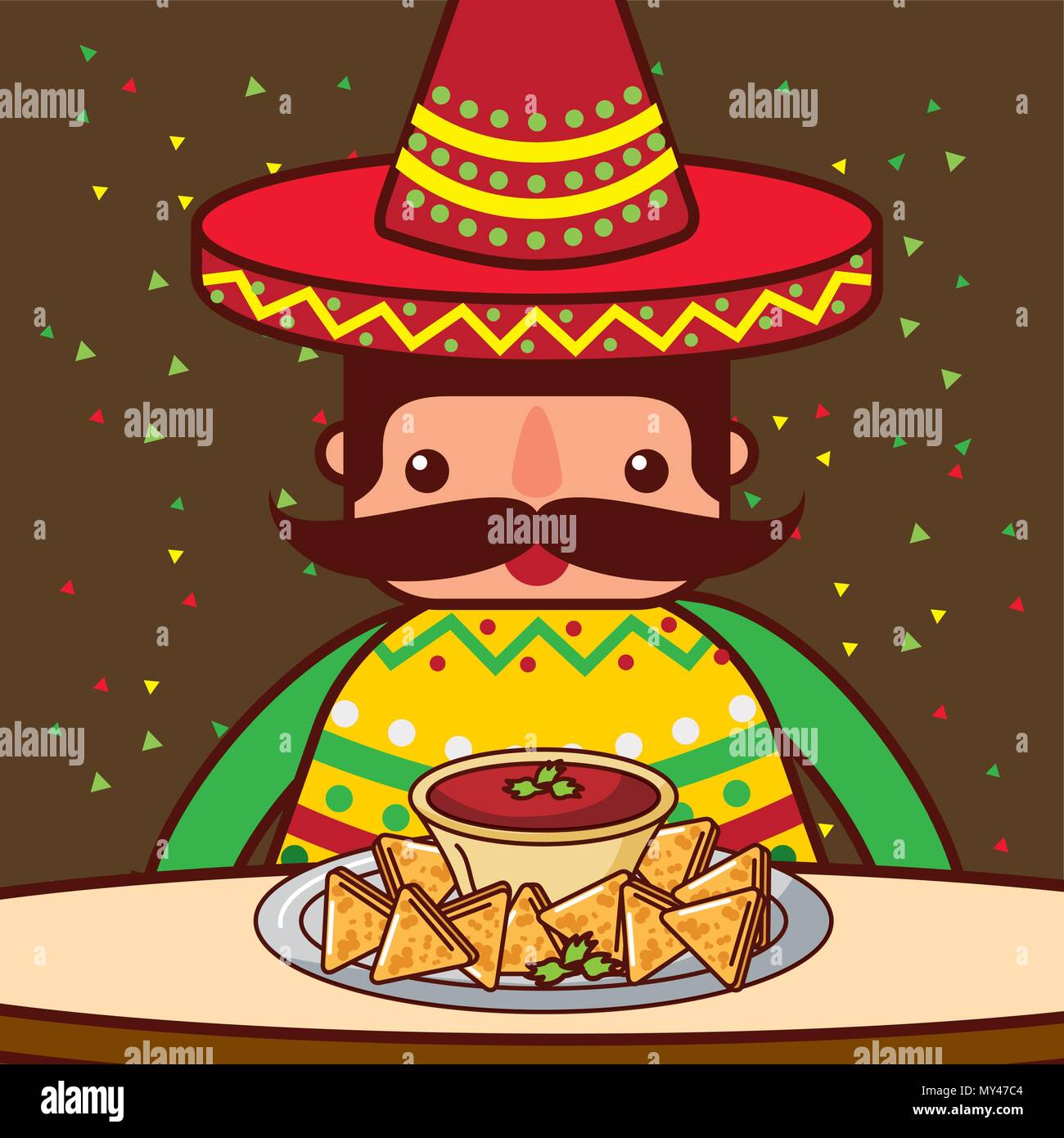 character eating at table nachos sauce mexican food vector illustration ...