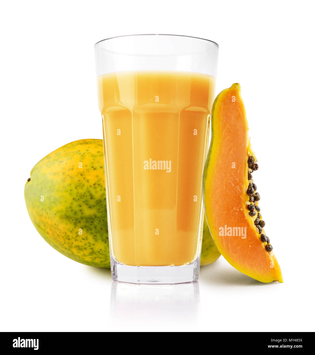 Papaya juice in glass with fresh papaya fruit isolated on white ...
