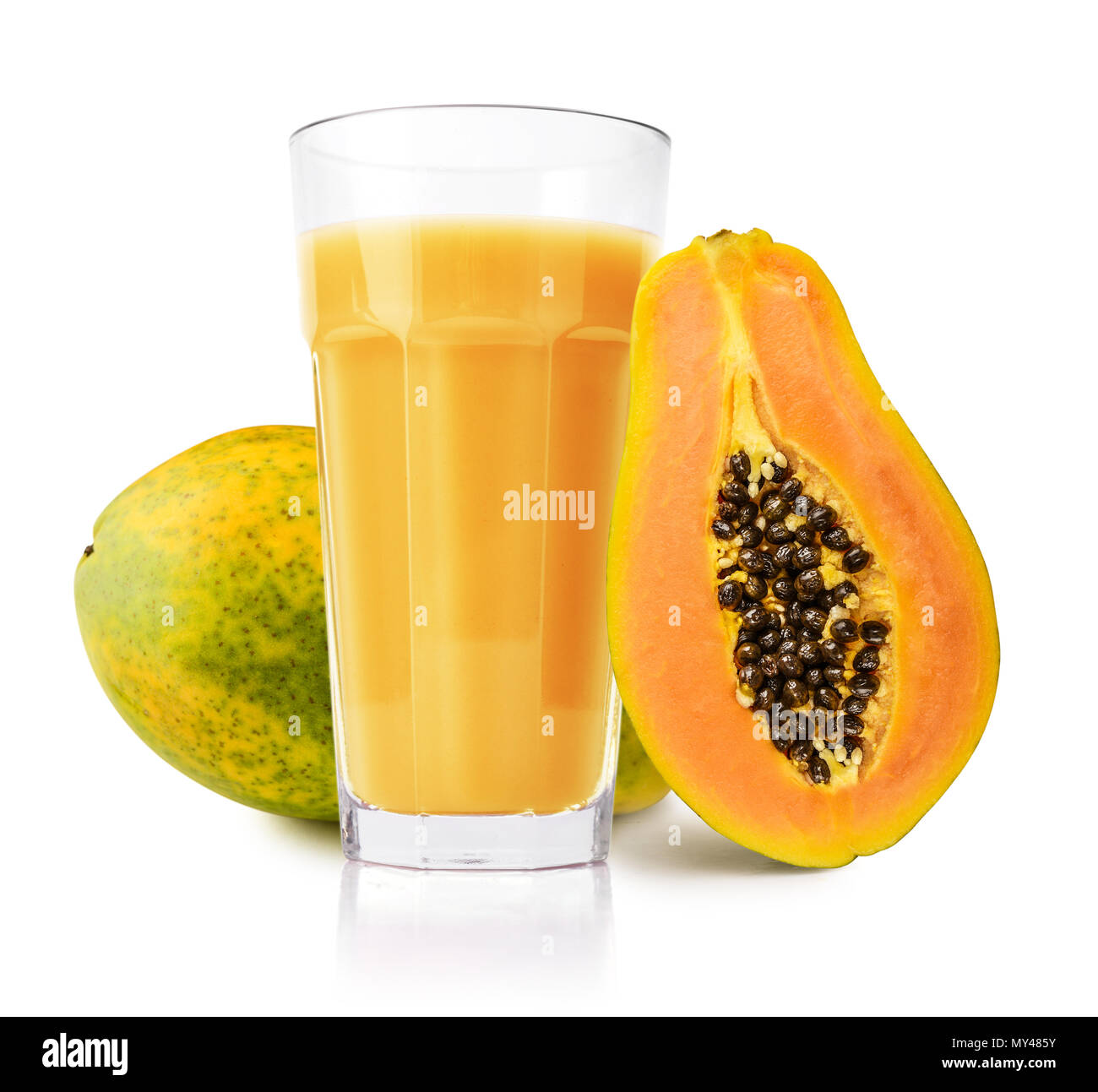 Papaya juice in glass with fresh papaya fruit isolated on white ...