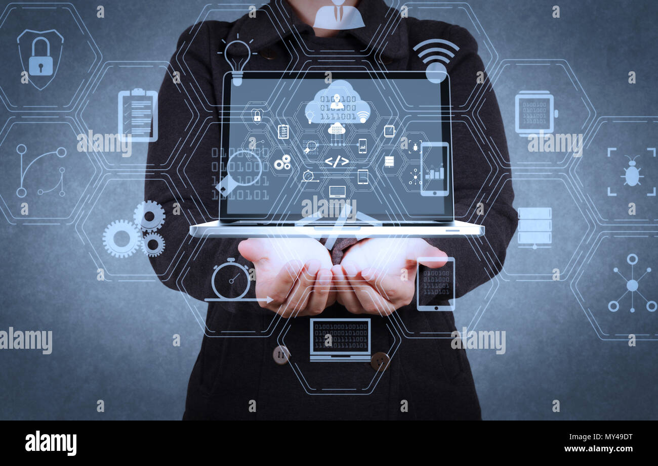 Coding software developer work with augmented reality dashboard ...