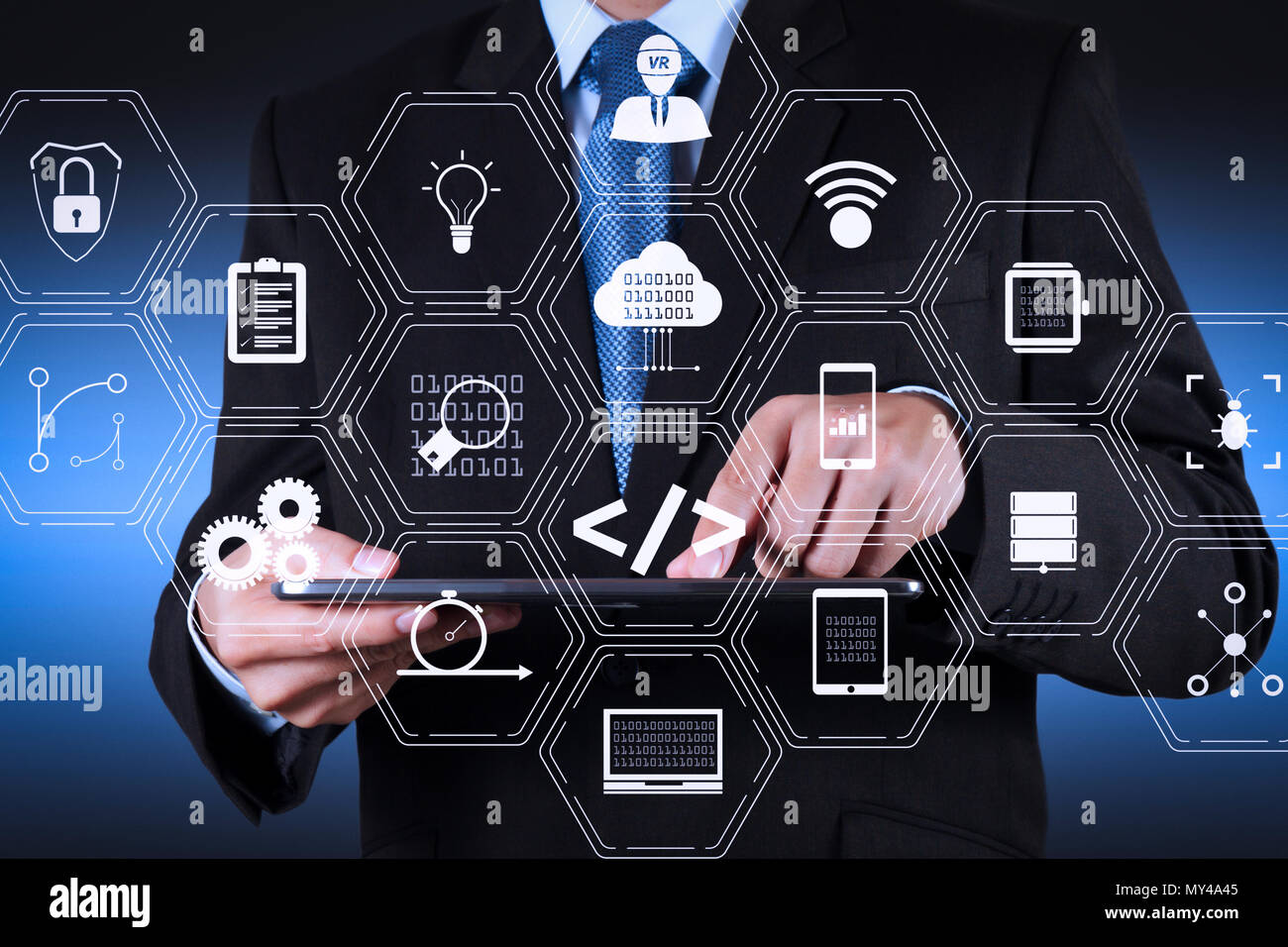 Coding software developer work with augmented reality dashboard ...