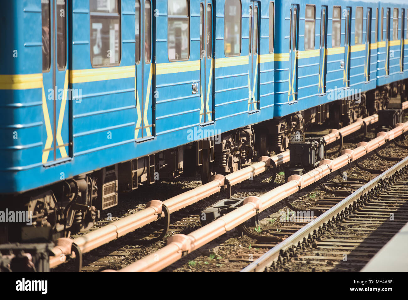 front view of train on railway at outdoor subway station Stock Photo ...
