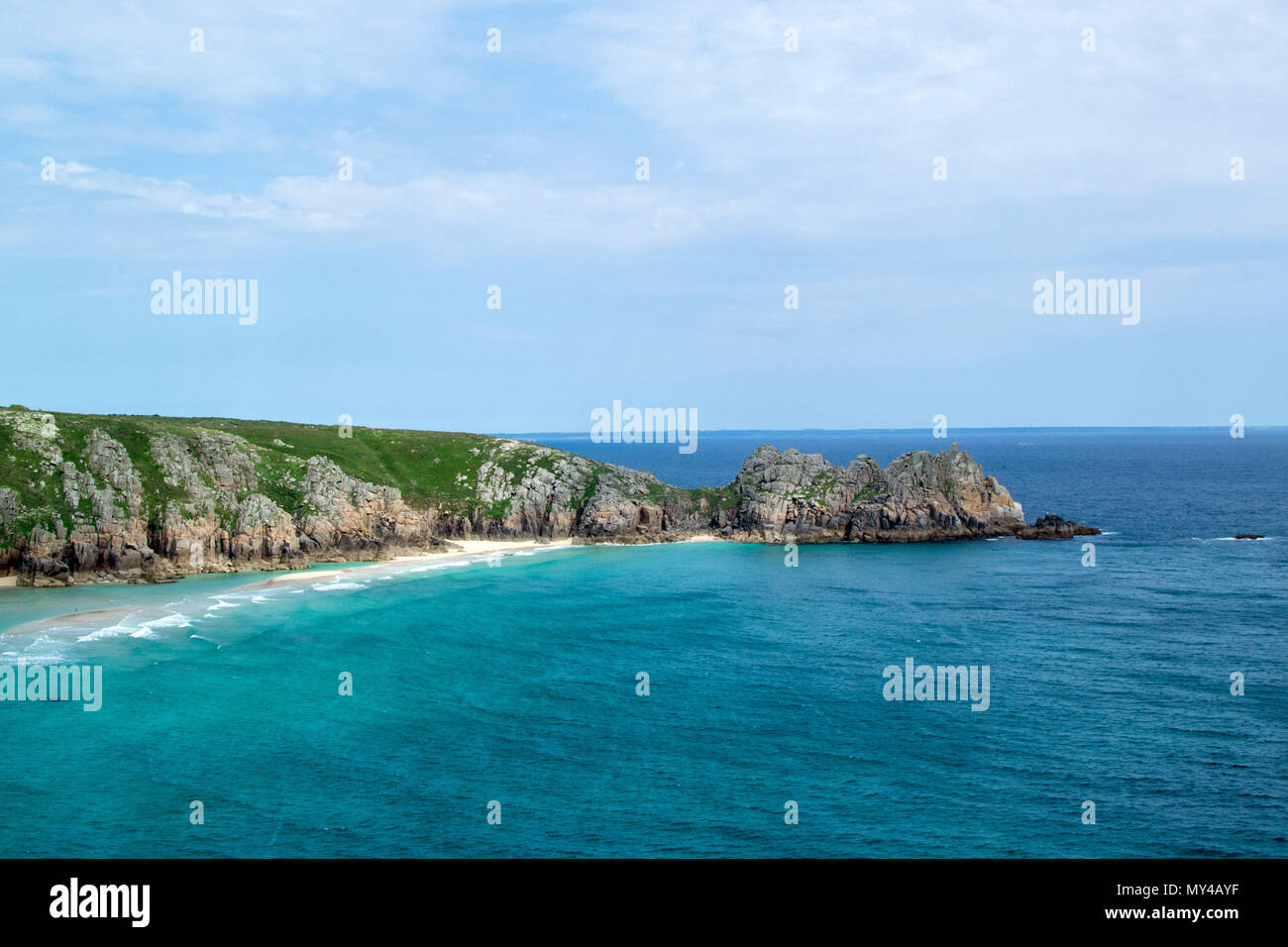 Treen Cliff and Logan Rock from Porthcurno, Cornwall UK Stock Photo - Alamy