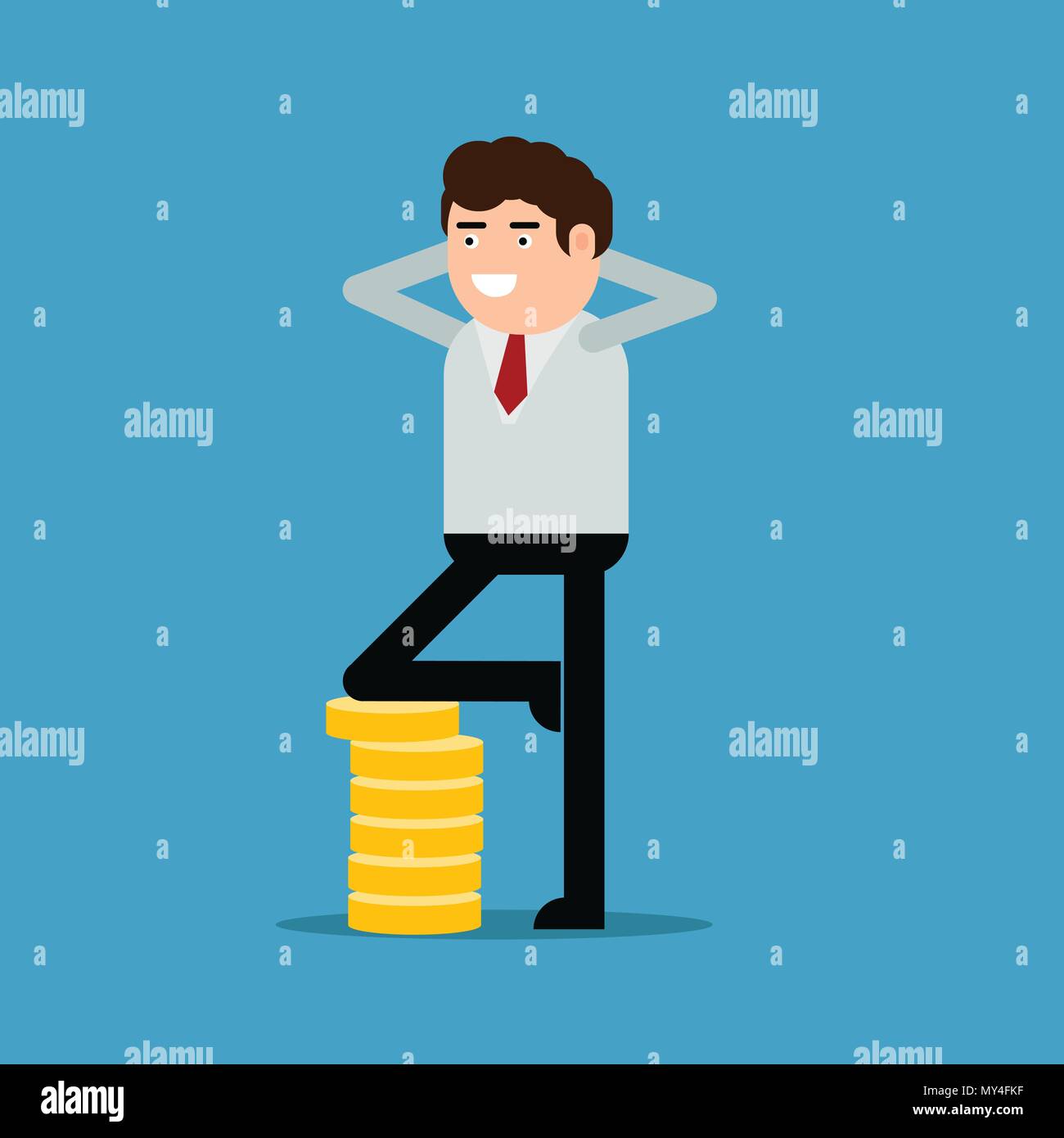 Businessman or manager with gold coins, vector illustration on a blue ...