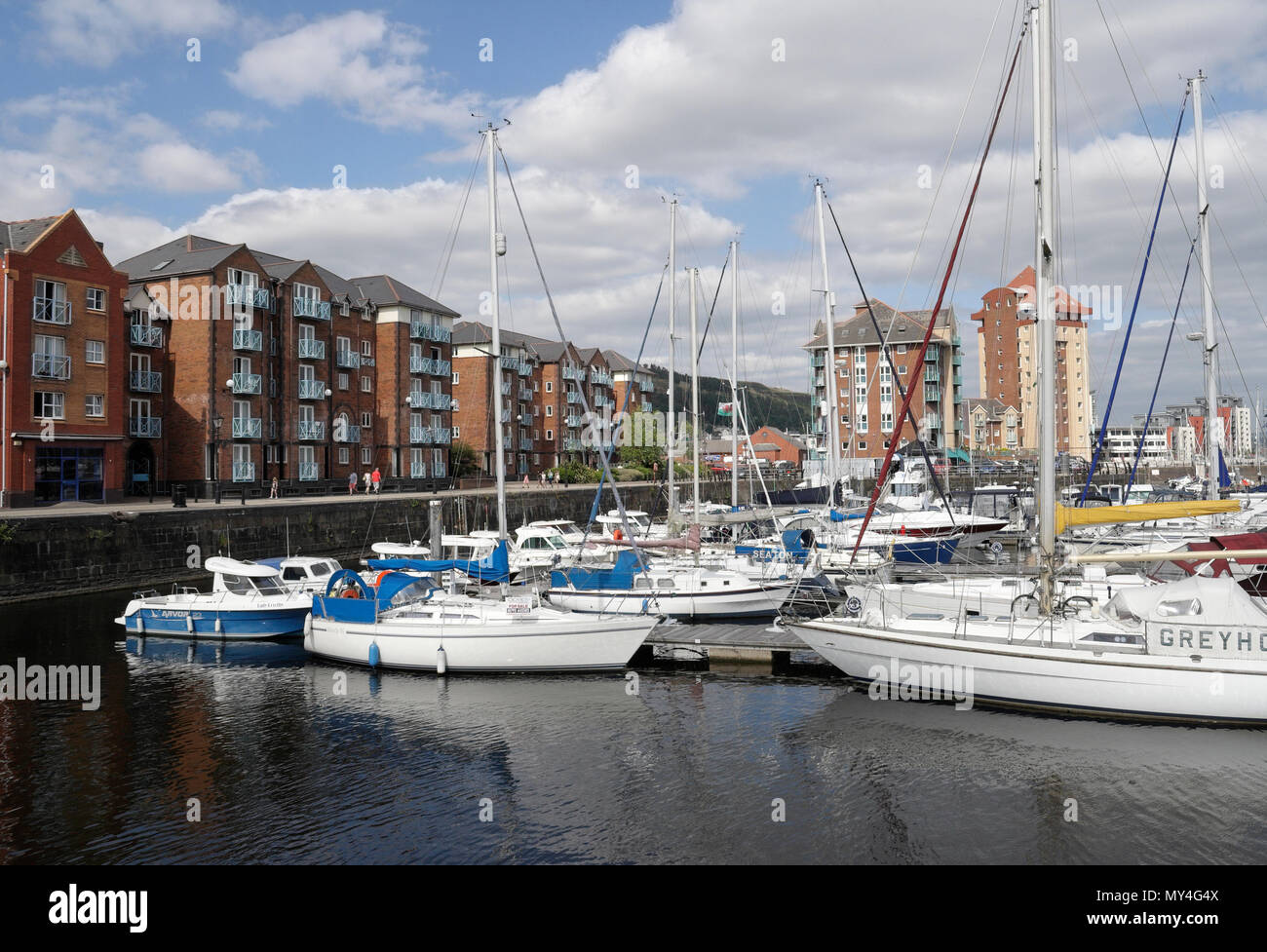 Swansea marina, old town docks, Wales UK Waterfront housing and berthed ...