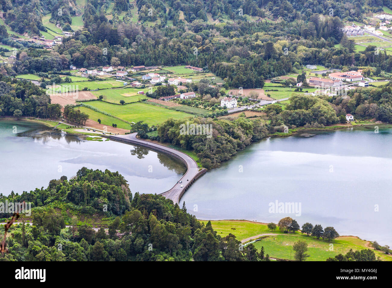 Bridge over the Lake of Sete Cidades ("Seven Cities Lake"), a volcanic ...