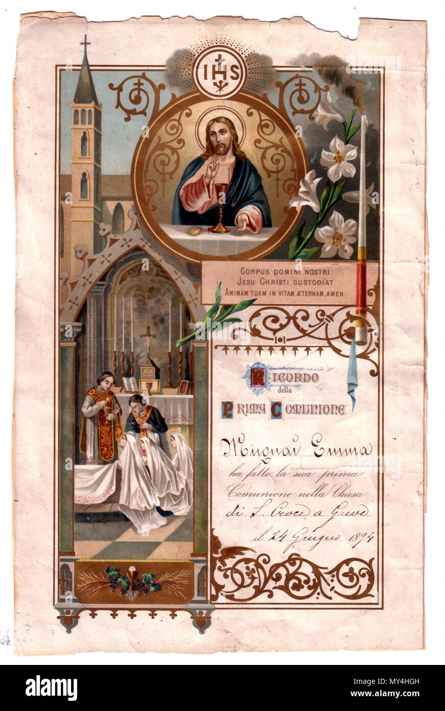 . English: First Communion Certificate of Emma Mugnai dated 1894. The ...