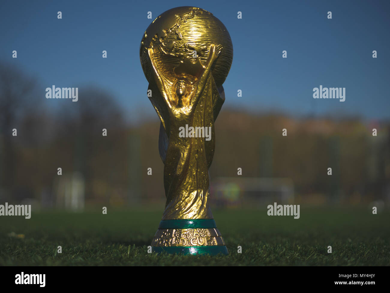 April 9, 2018 Moscow, Russia Trophy of the FIFA World Cup on the green ...