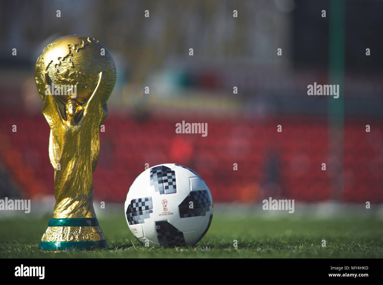 April 9, 2018 Moscow, Russia Trophy of the FIFA World Cup and official ...
