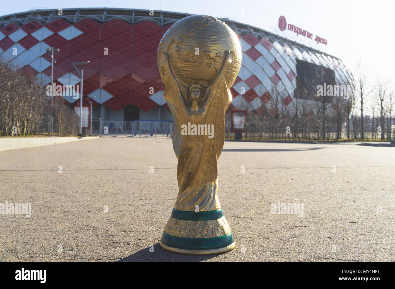 April 9, 2018 Moscow, Russia Trophy of the FIFA World Cup against the ...