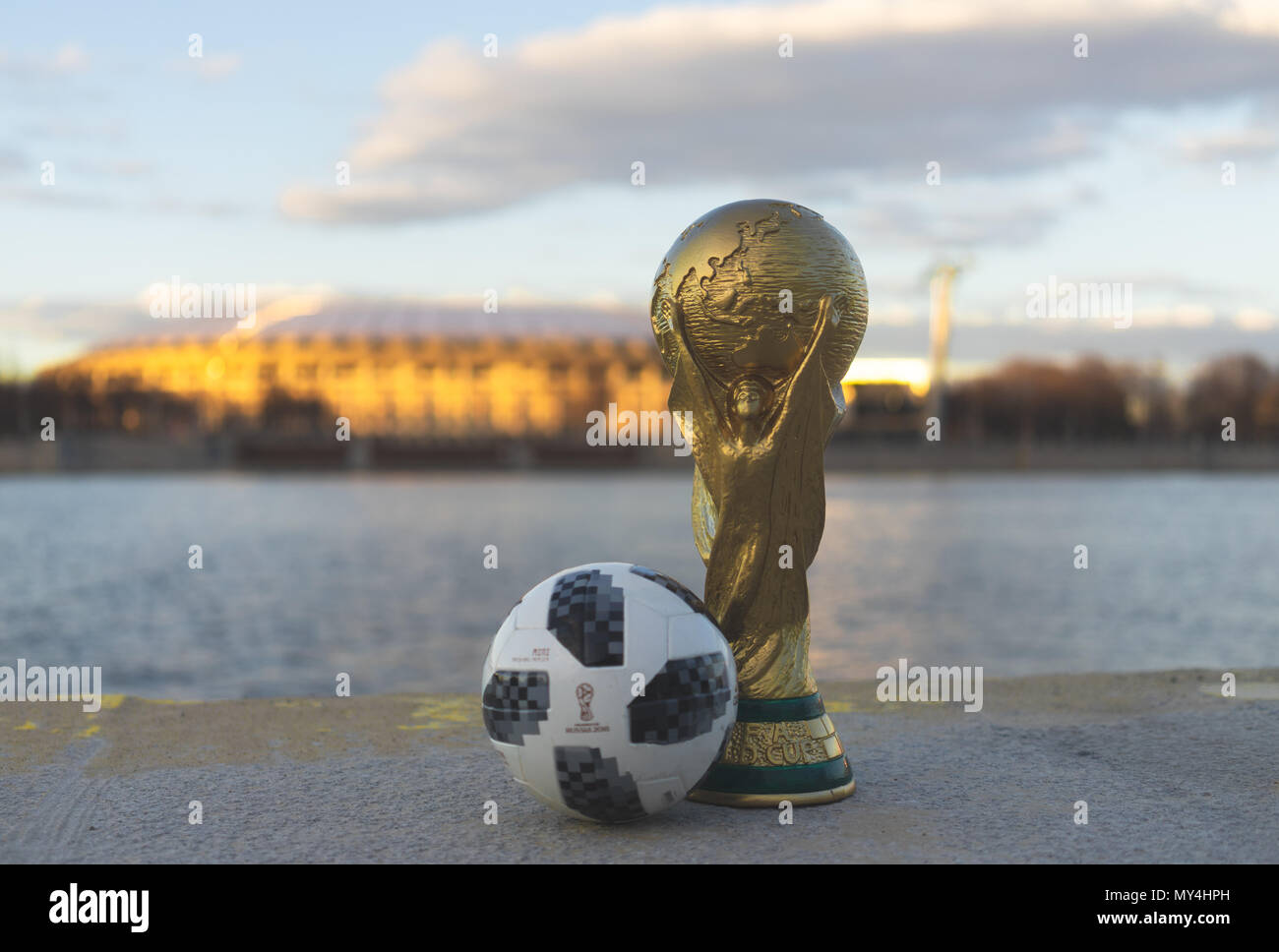 April 13, 2018 Moscow, Russia Trophy of the FIFA World Cup and official ...