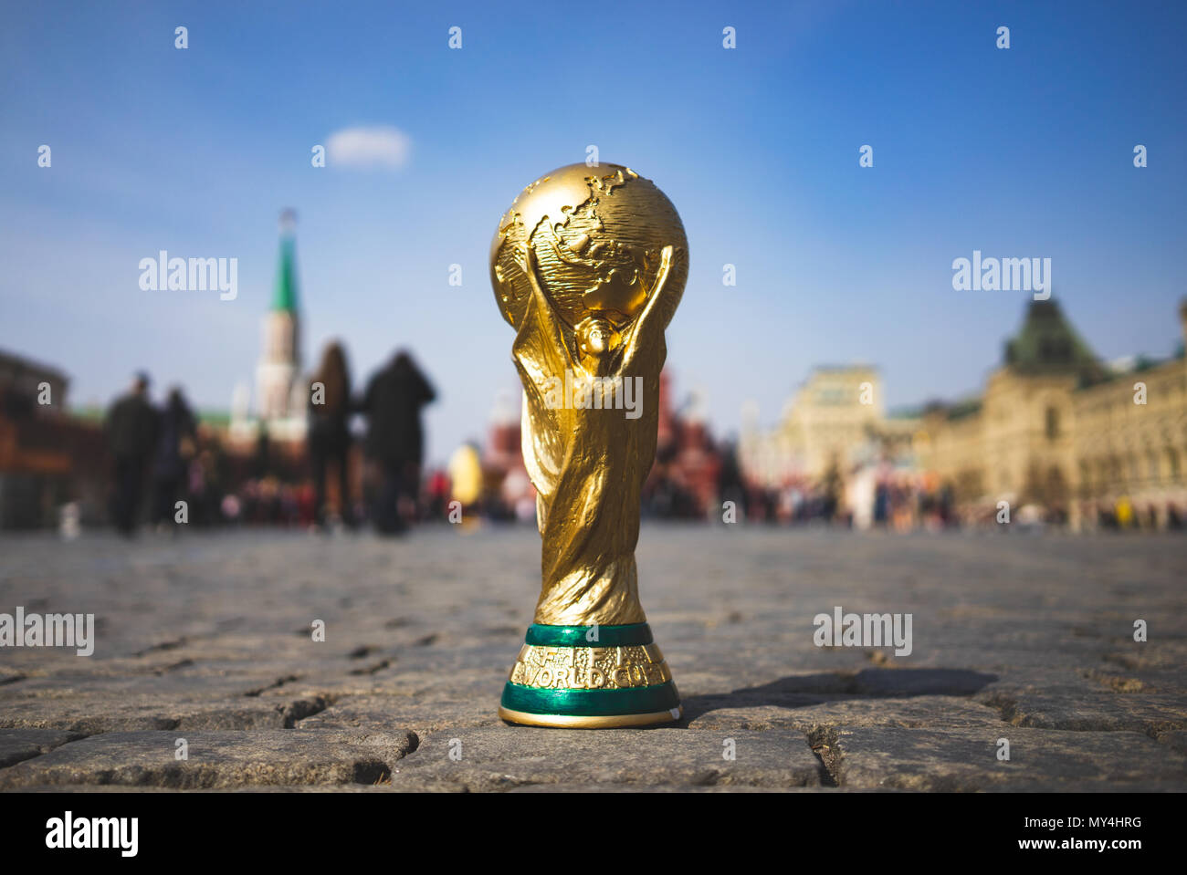 April 16, 2018 Moscow. Russia Trophy of the FIFA World Cup on the Red ...