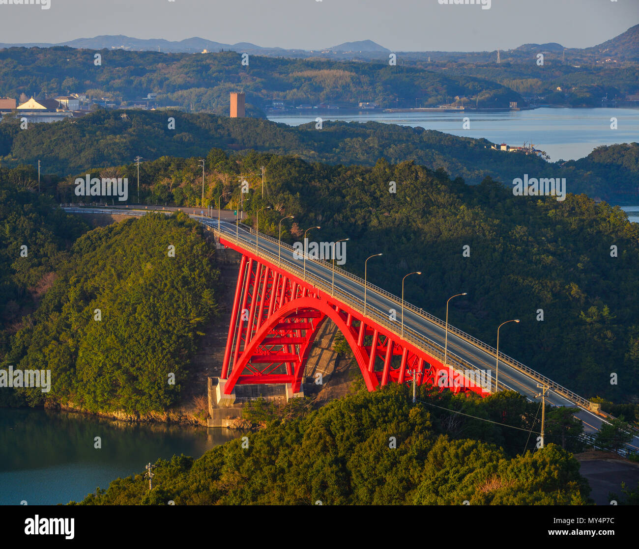 Red bridge with Ise Bay at summer day in Mie Prefecture, Japan Stock ...