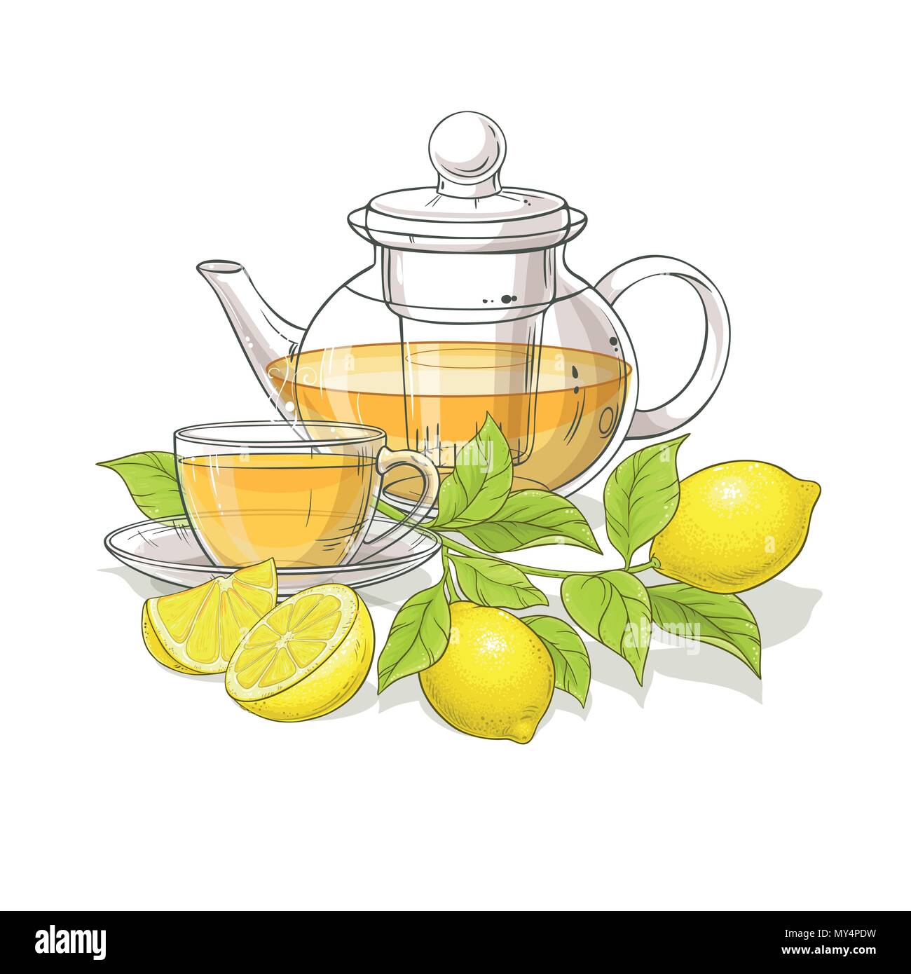 lemon tea in teapot illustration on white background Stock Vector Image ...