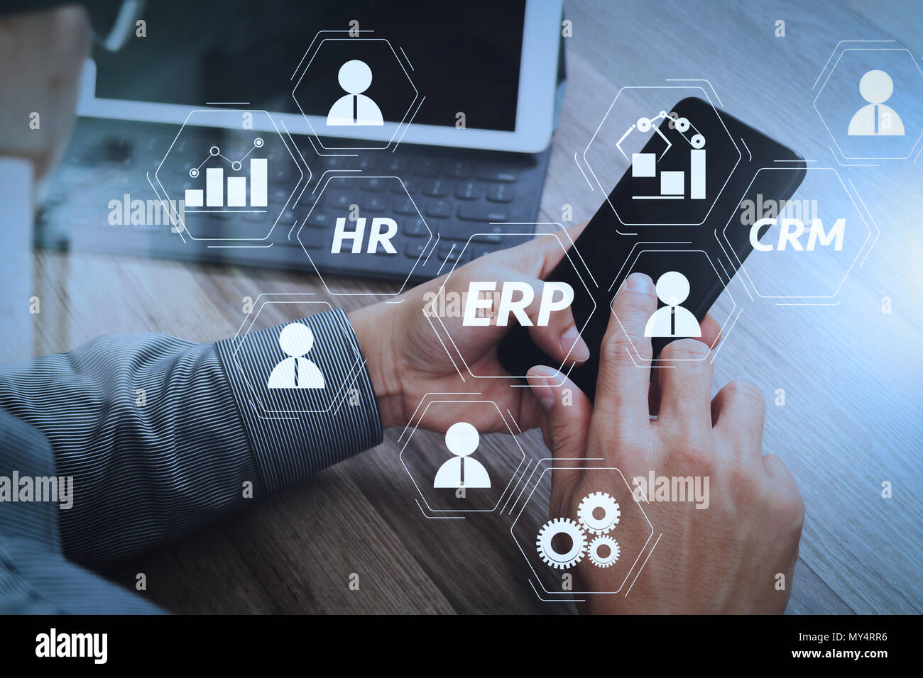 Architecture of ERP (Enterprise Resource Planning) system with connections between business ...