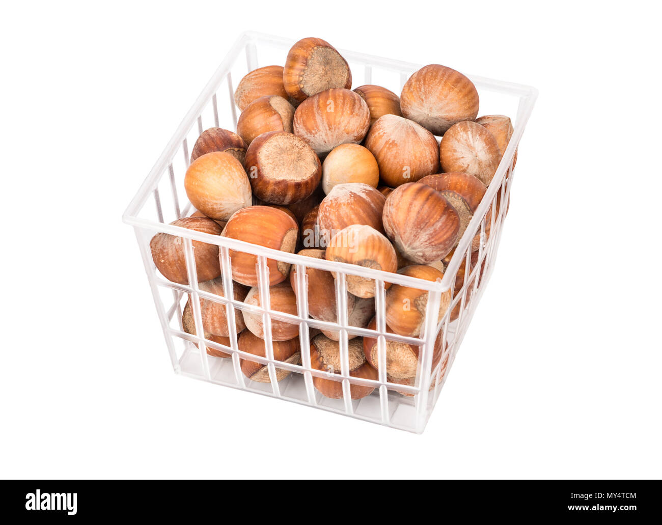 Hazelnuts in shell and the transparent container on a white background ...