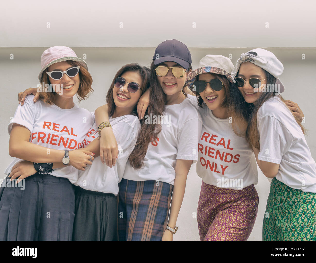 Happy Portrait of Best Friends Wearing Same White Real Friend Only ...