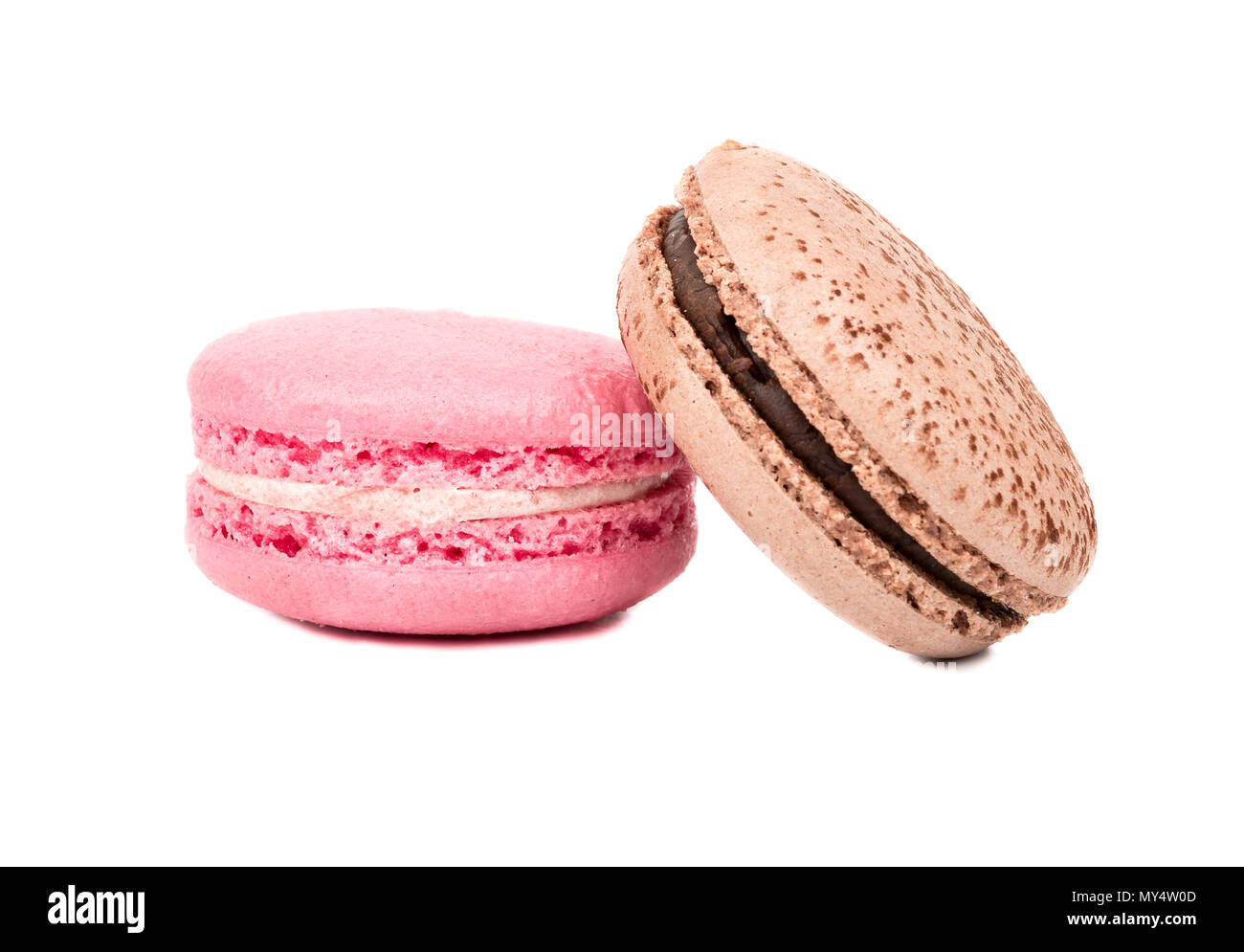 Pink and chocolate macaroon with cream isolated on white background ...