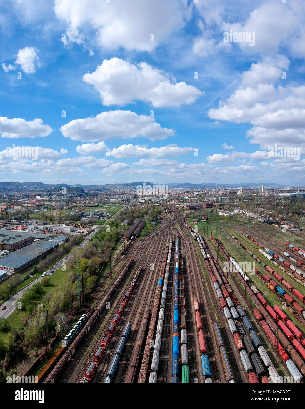 Aerial view of colorful trains on a station Stock Photo - Alamy