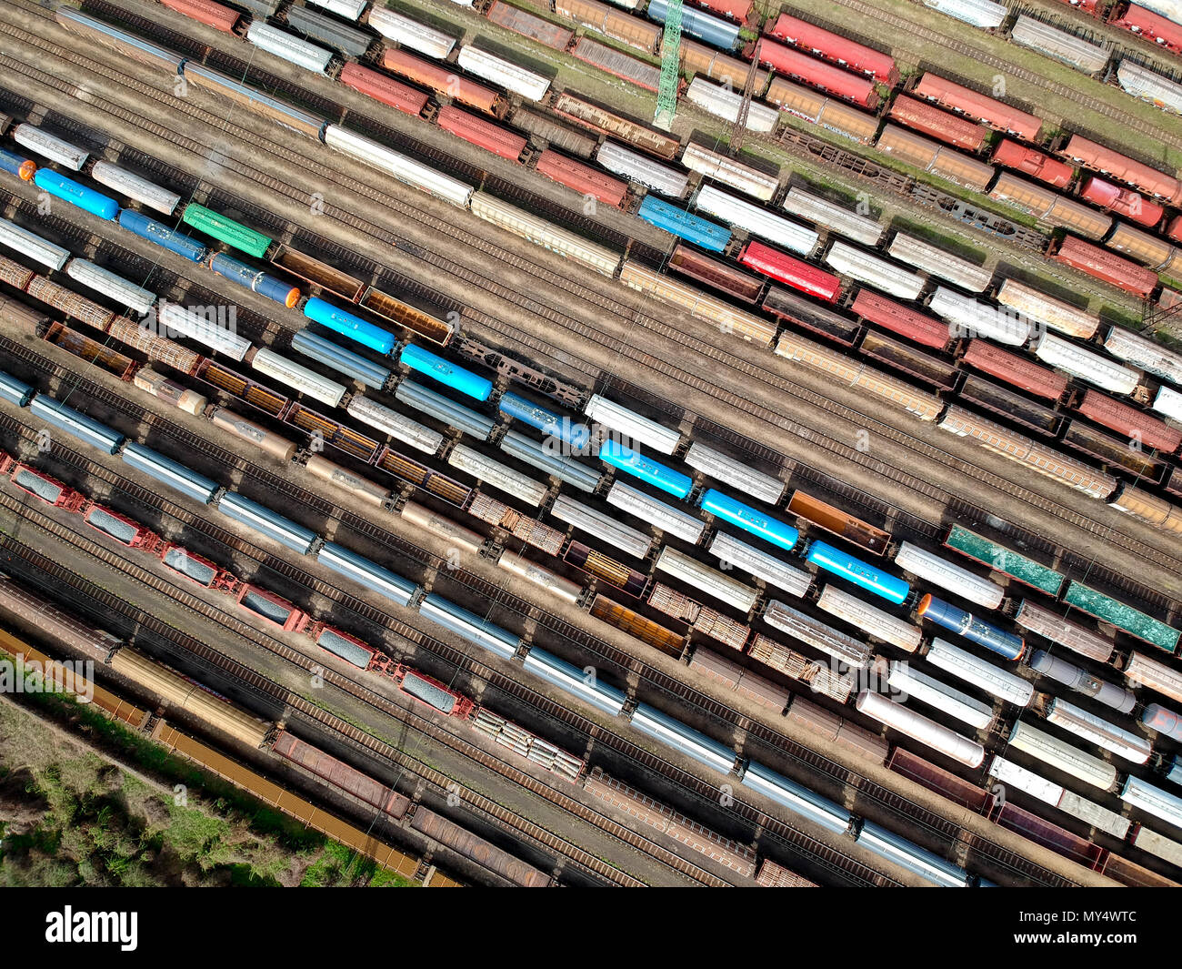 Aerial view of colorful trains on a station Stock Photo - Alamy