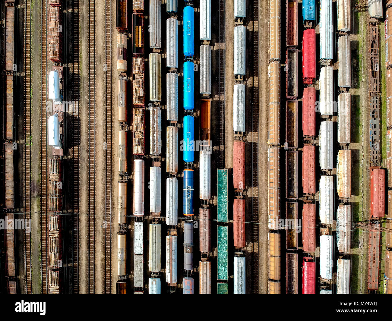 Aerial view of colorful trains on a station Stock Photo - Alamy