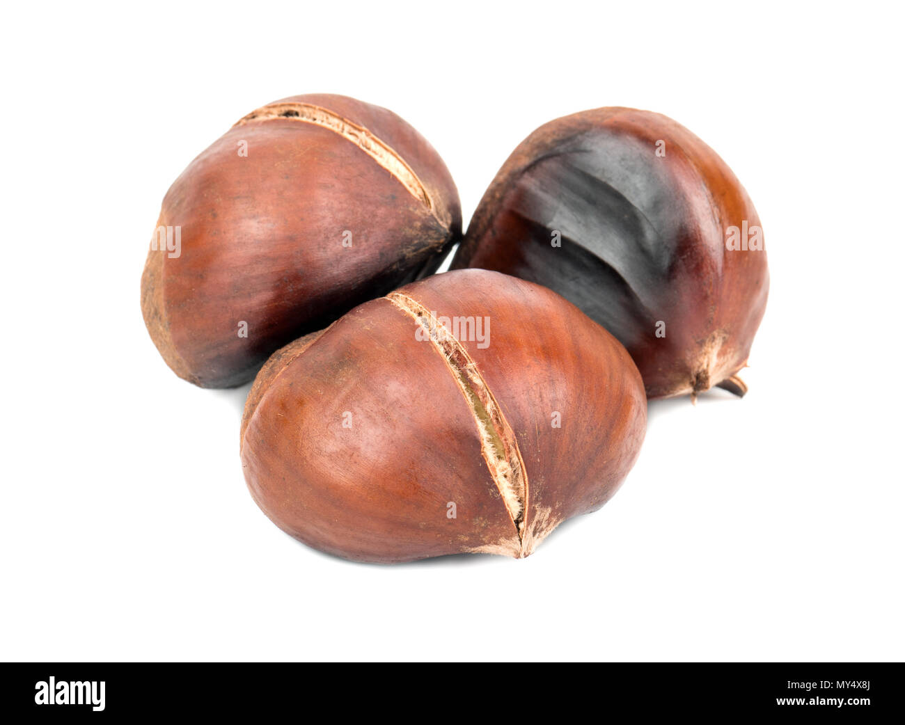 Three roasted chestnuts on a white background Stock Photo - Alamy