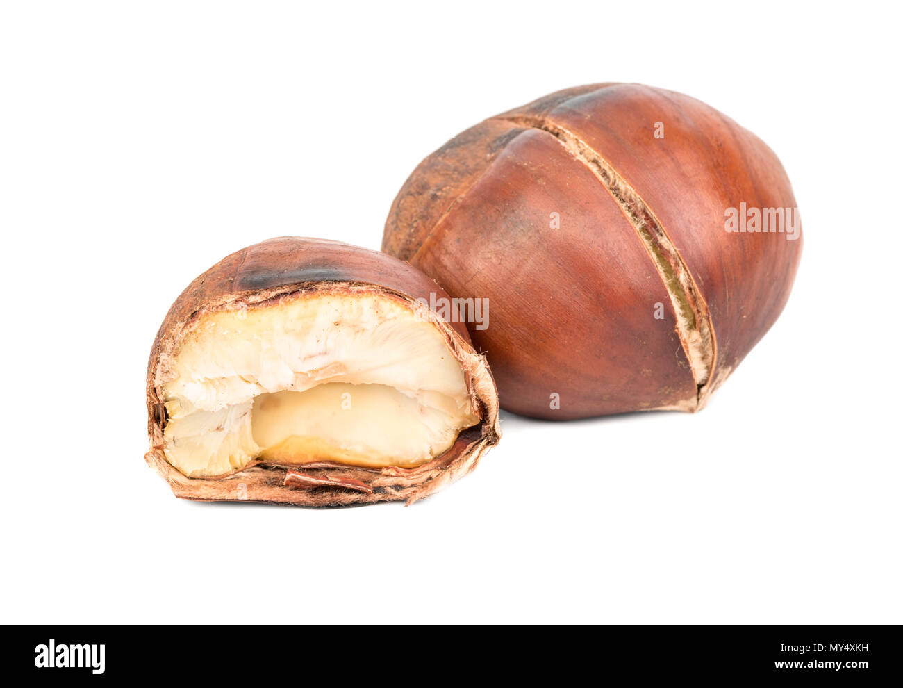 Fried edible chestnut with half on a white background Stock Photo - Alamy