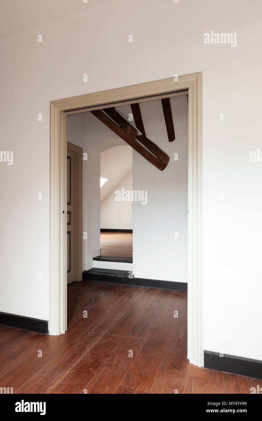 interior, old attic with wooden floor, passage view Stock Photo - Alamy