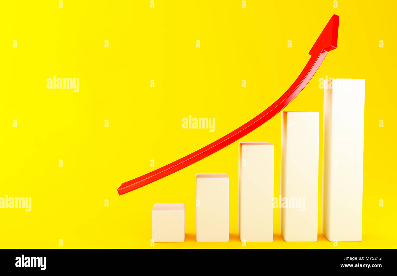 3d illustration. Business graph with red arrow on yellow background ...