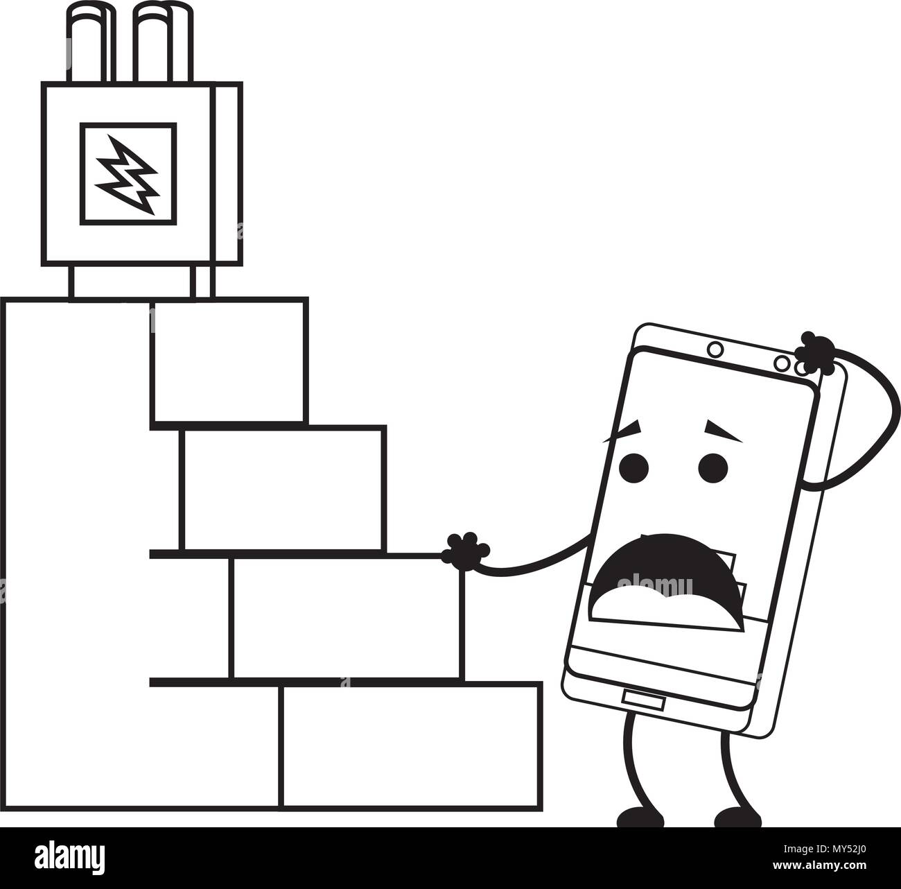 Cartoon smartphone worried and energy plug over white background ...