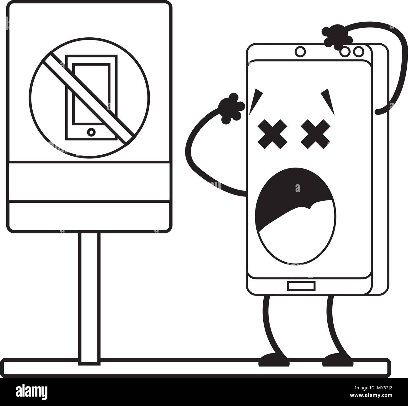 Cartoon smartphone in no mobile zone over white background, vector ...