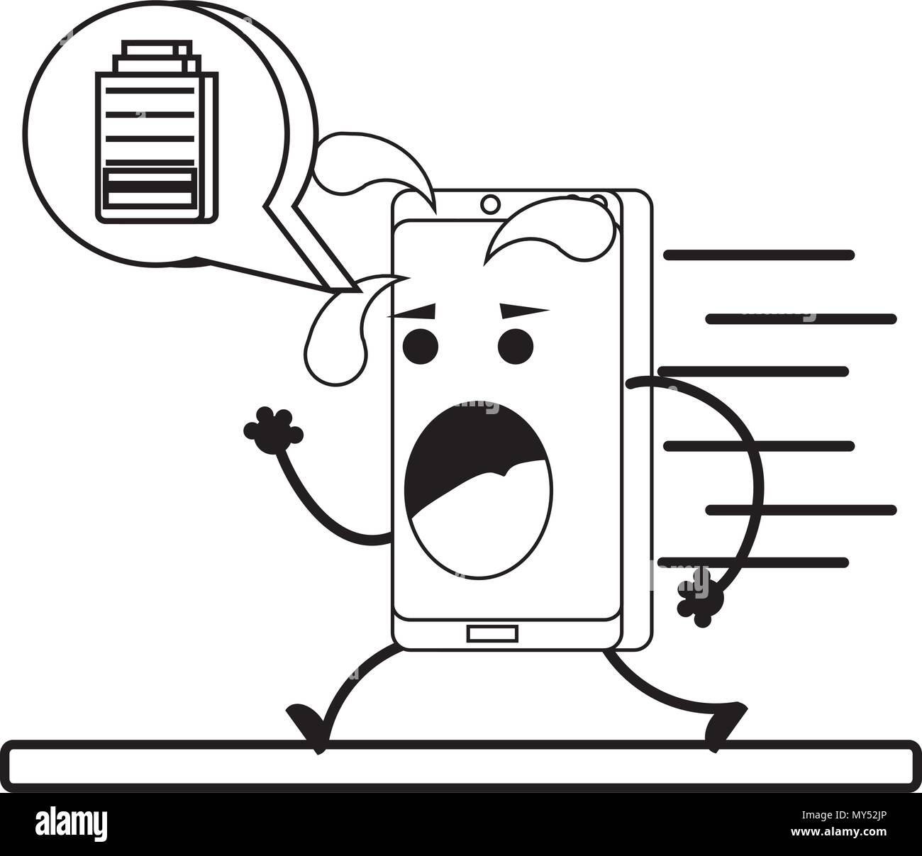 Cartoon smartphone running for low battery over white background ...