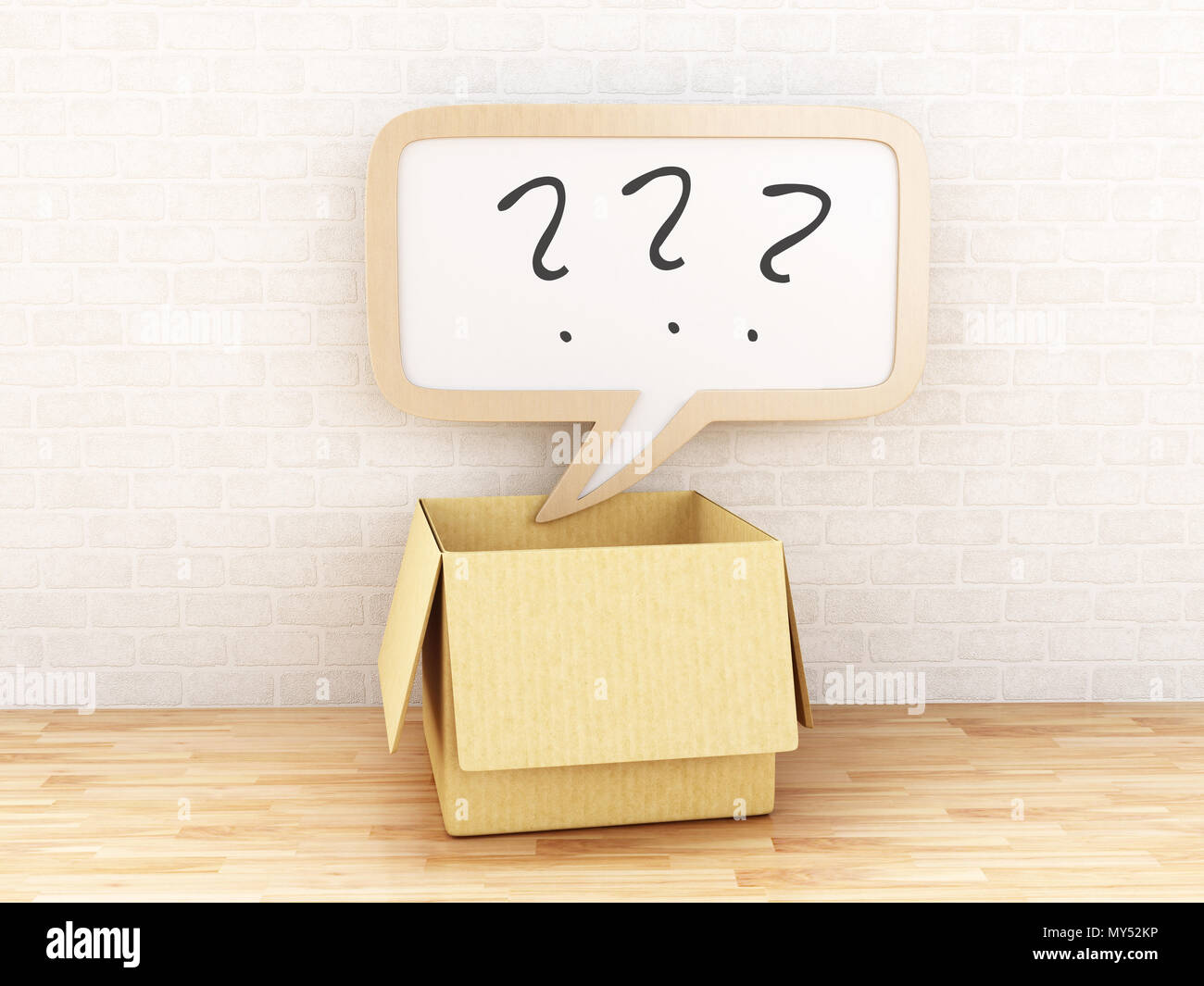 3d illustration. Opened box with Speech bubble with Question mark ...