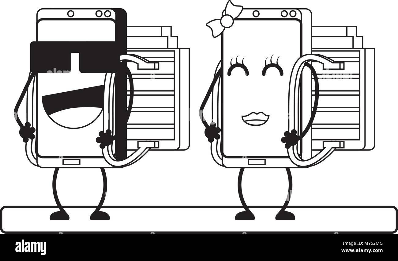 Cartoon cool smartphones with battery backpacks over white background ...