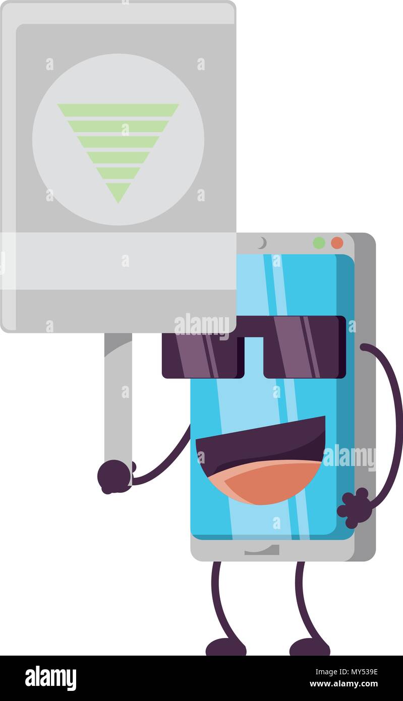 Cartoon smartphone with sunglasses and holding a wifi board over white ...