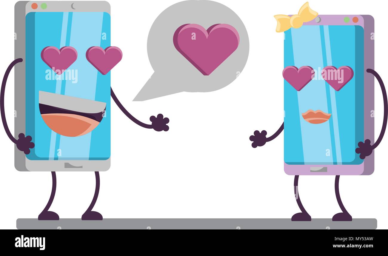 Cartoon couple of smartphones in love over white background, vector ...
