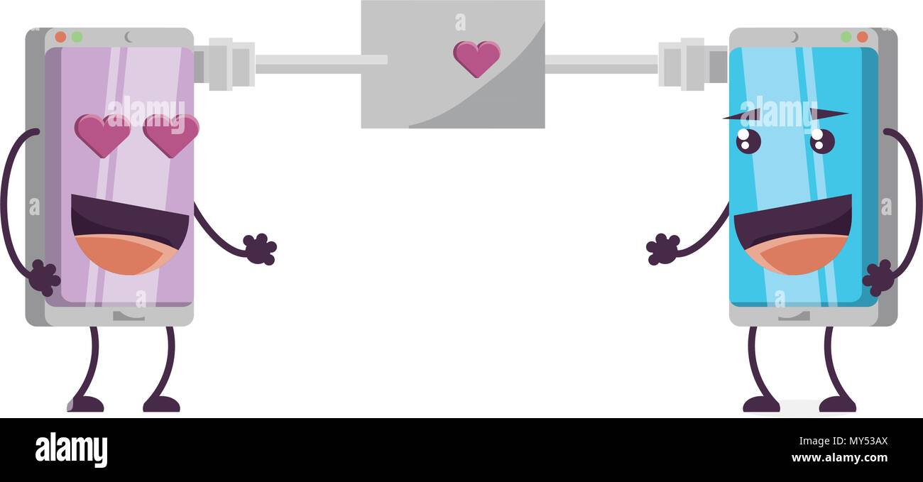 cartoon smartphones plugged sending love over white background ...
