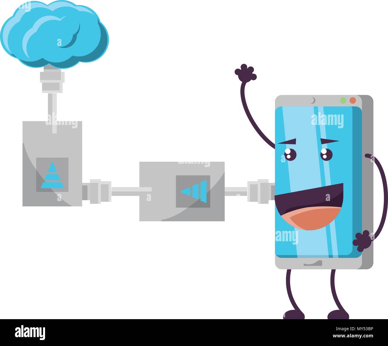 Cartoon smartphone plugged to the cloud storage over white background ...