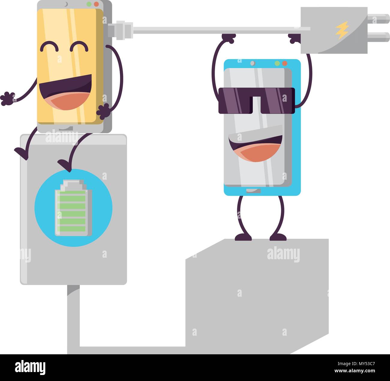 Cartoon happy smartphones in battery zone over white background, vector ...
