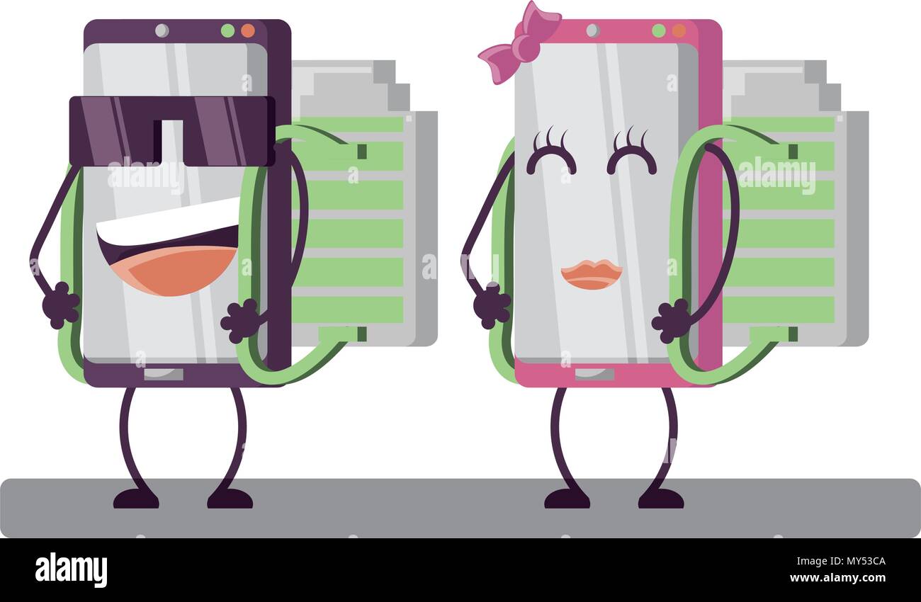 Cartoon cool smartphones with battery backpacks over white background ...