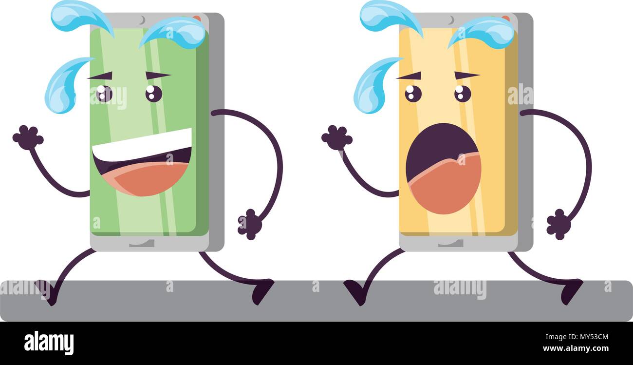 Cartoon smartphones running over white background, vector illustration ...