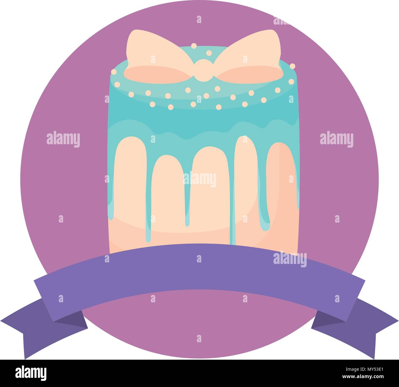 emblem with decorative ribbon and birthday cake icon over white ...