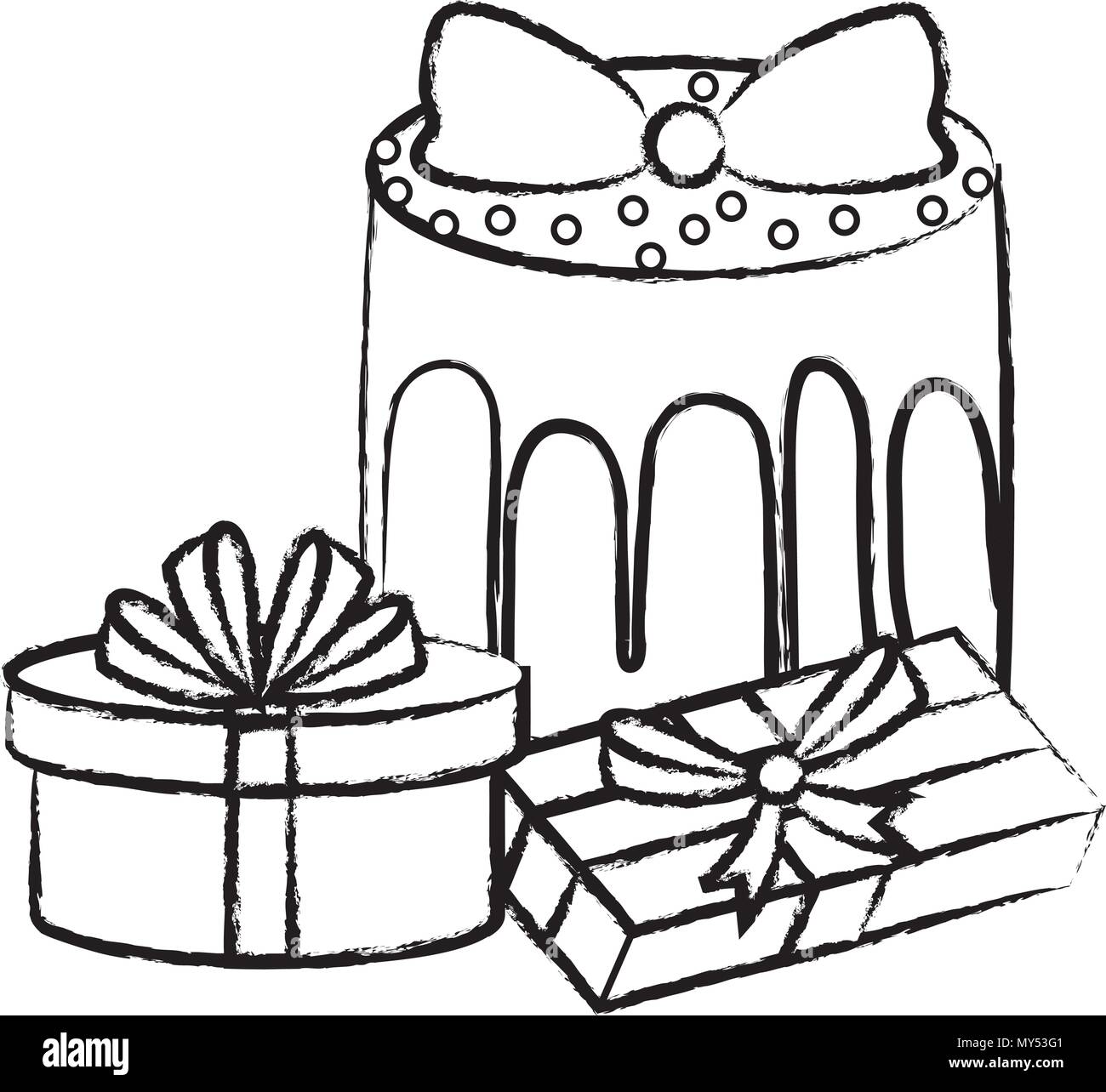 sketch of Gift boxes and birthday cake over white background, vector ...