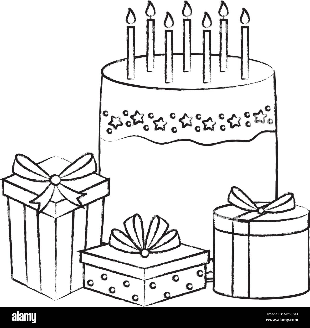 sketch of Gift boxes and birthday cake over white background, vector ...