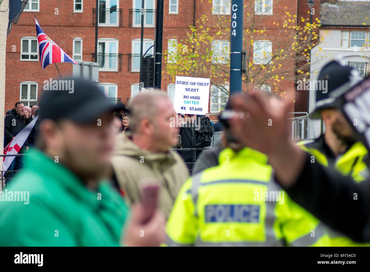 28 October 2017 - The far-right group EDL gather in Stoke-on-Trent ...