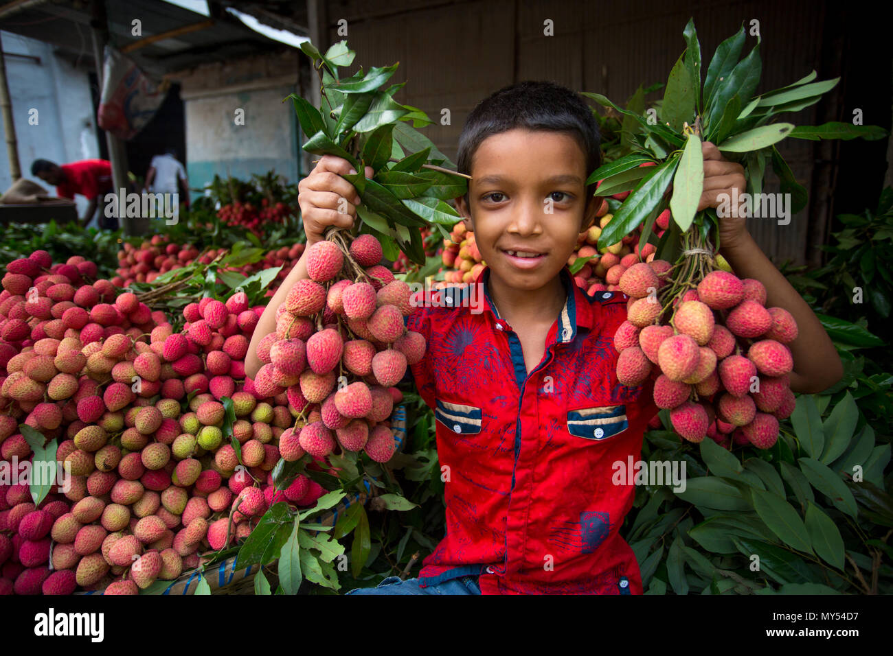A child shows the large lychees of their own garden at Rooppur ...